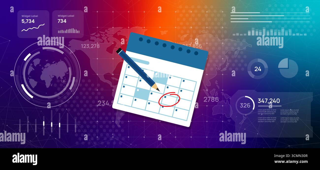 Digital dashboard calendar with marked date and a pencil illustration ...