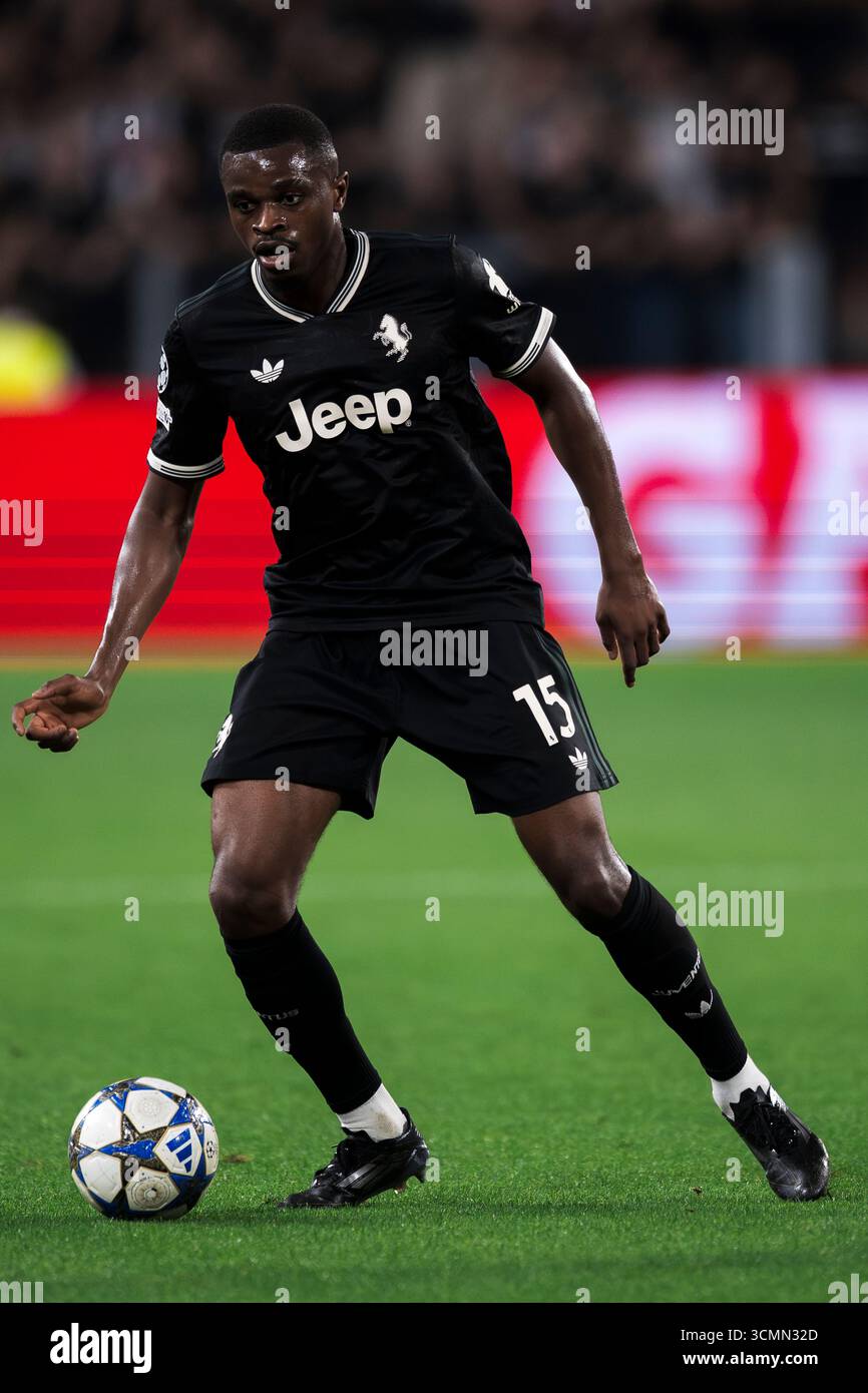 Pierre Kalulu of Juventus FC in action during the UEFA Champions League ...