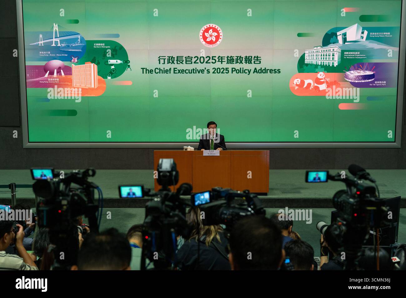 Hong Kong Chief Executive John Lee speaking a press conference on his 2025 policy address on ...