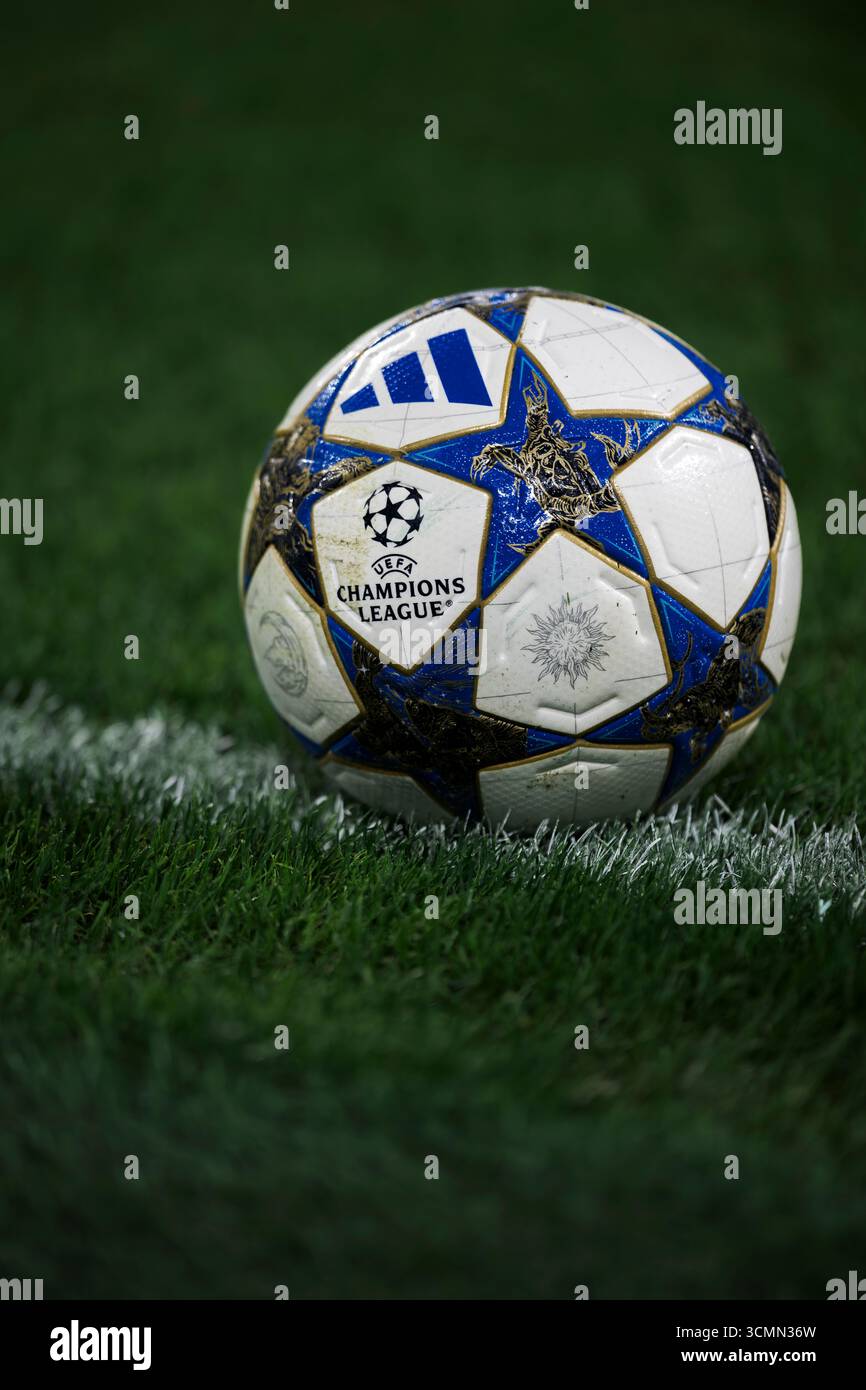 The Adidas official Champions League match ball is seen on the pitch ...