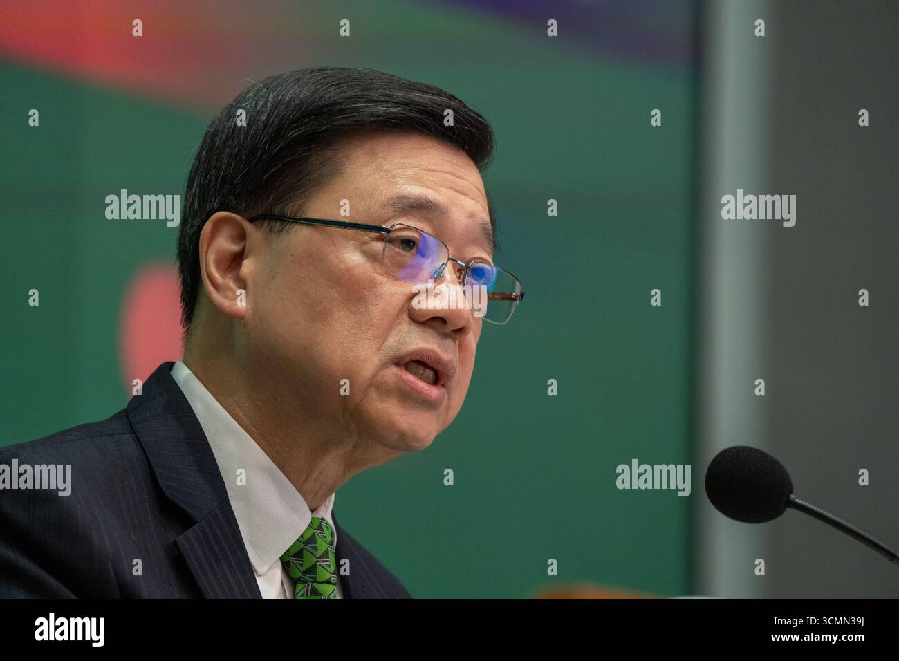 Hong Kong Chief Executive John Lee speaking a press conference on his 2025 policy address on ...
