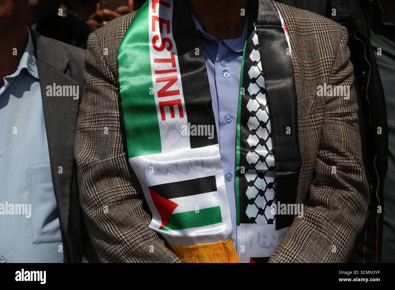 Pro-Palestinian Rally in Sana a- A protester wears a Palestinian flag ...