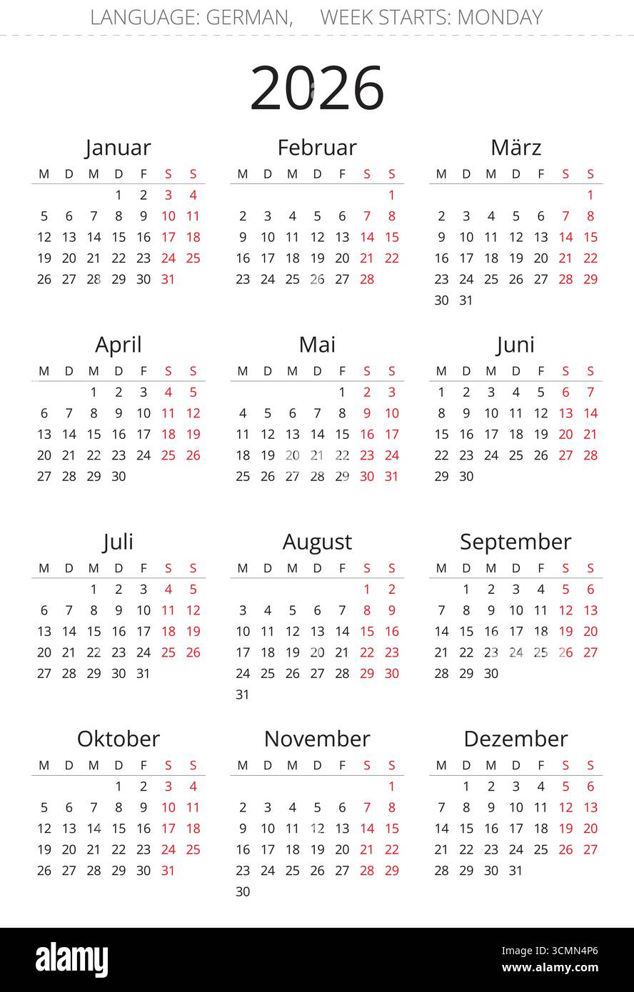 Simple german calendar for 2026. Vector illustration for Germany Stock Vector Image & Art - Alamy