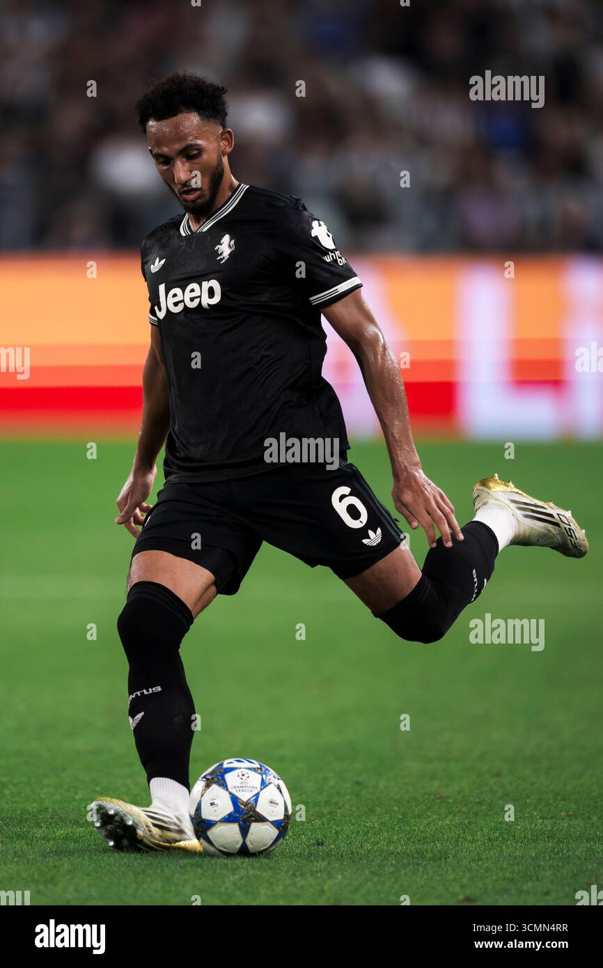 Lloyd Kelly of Juventus FC kicks the ball during the UEFA Champions ...