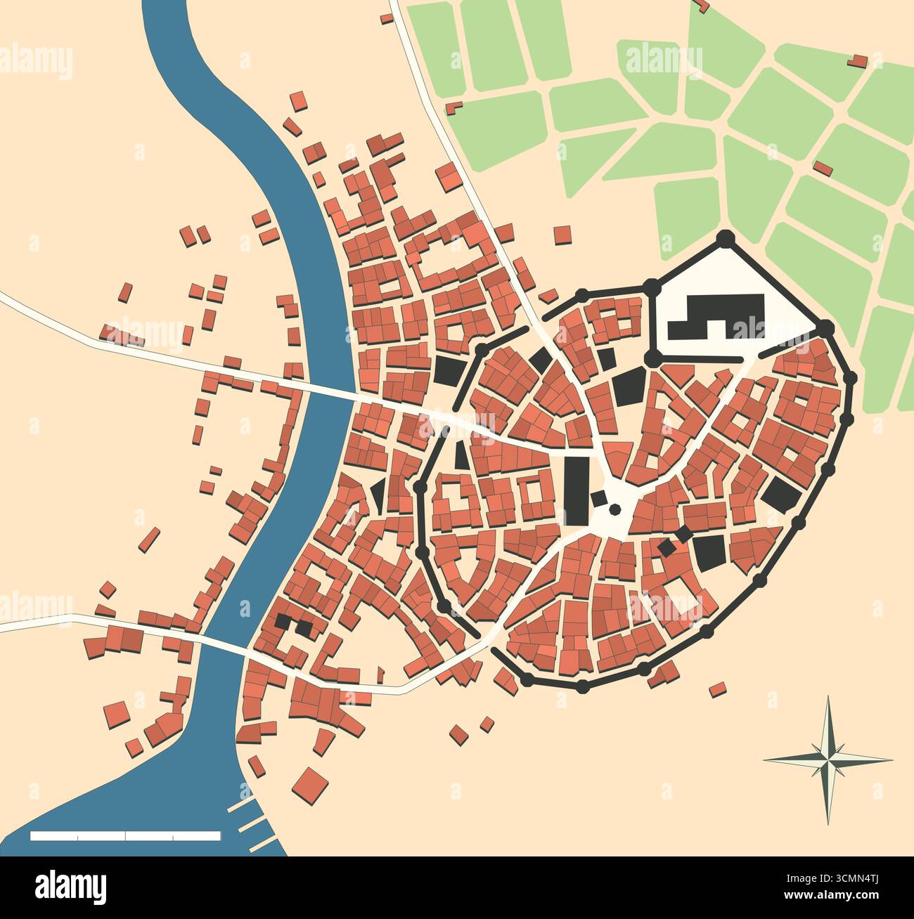 Fantasy medieval town map design. Imaginary historic style city map for ...
