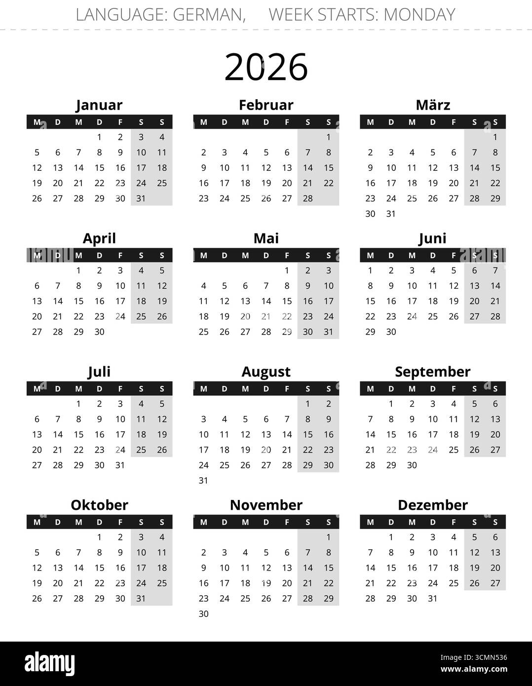 German calendar for 2026. Vector year illustration for Germany Stock ...