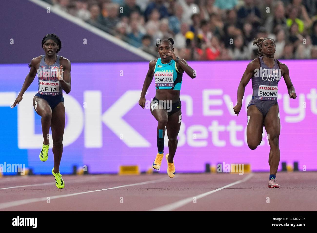 Britain's Daryll Neita, Bahamas' Anthonique Strachan, and United States ...
