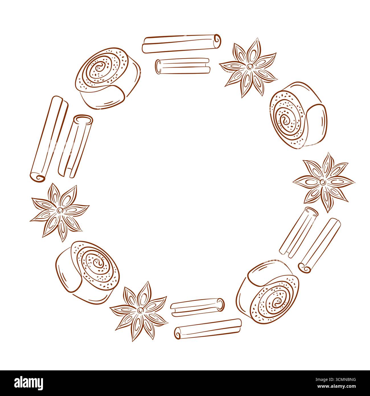 Circular frame border made of line art style cinnamon bun, sticks and ...