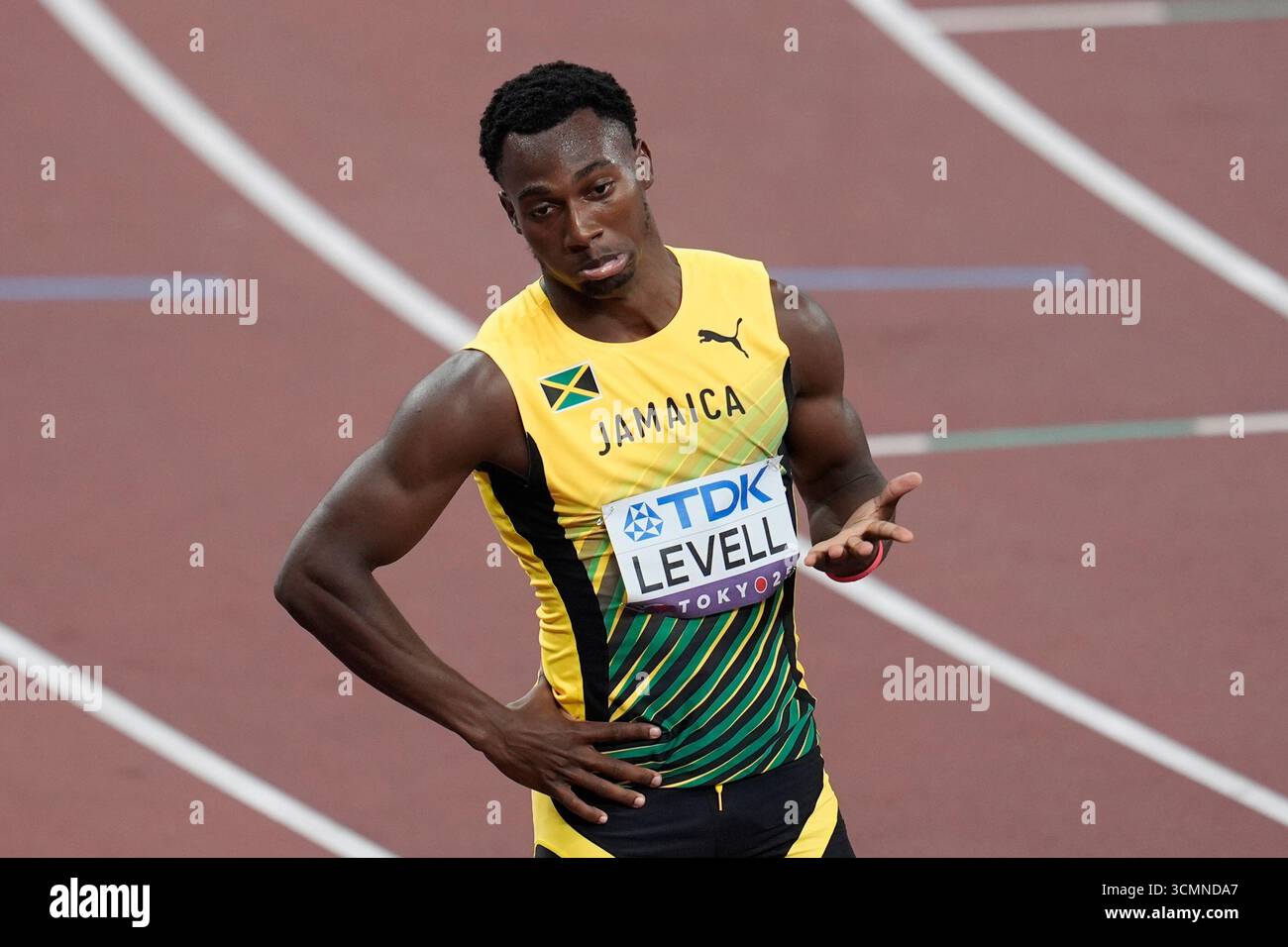 Jamaica's Bryan Levell reacts after competing the men's 200 meters heat at the World Athletics ...