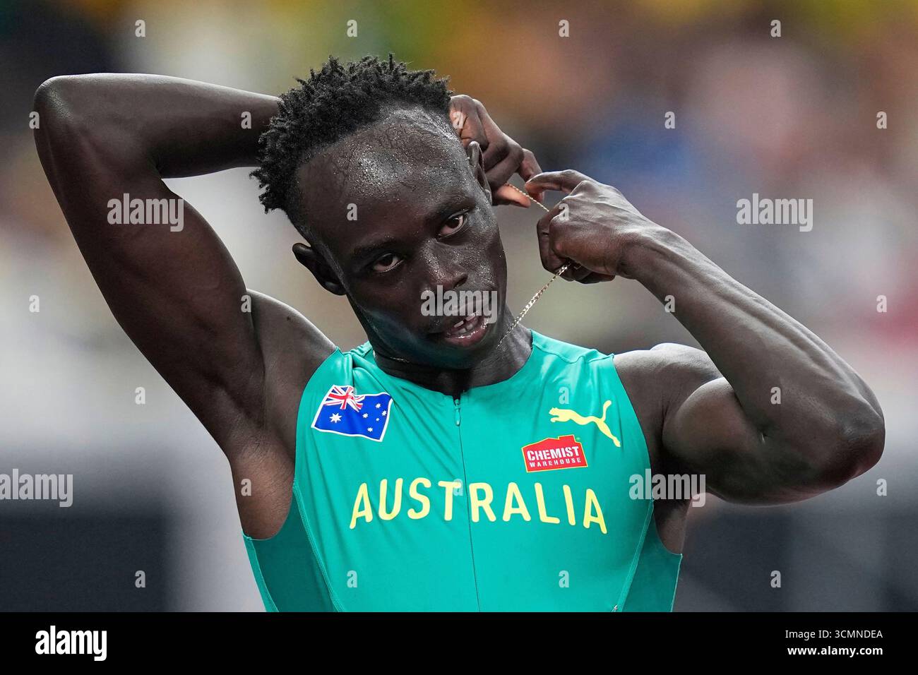 Australia's Gout Gout reacts after competing in men's 200 meters heat at the World Athletics ...
