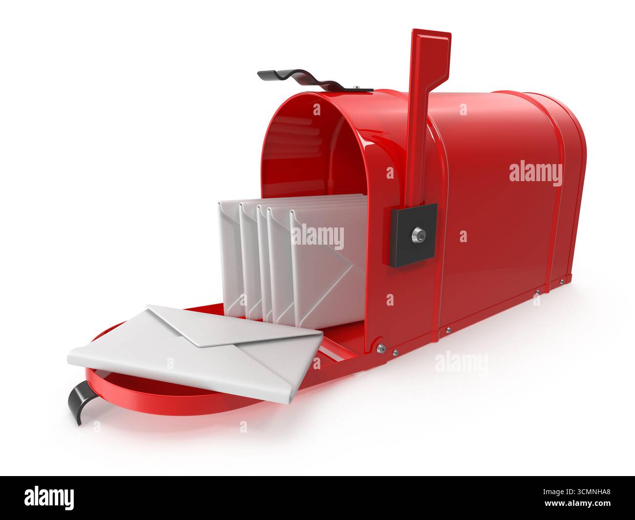 Red mailbox filled with letters and mail open with white envelopes ...