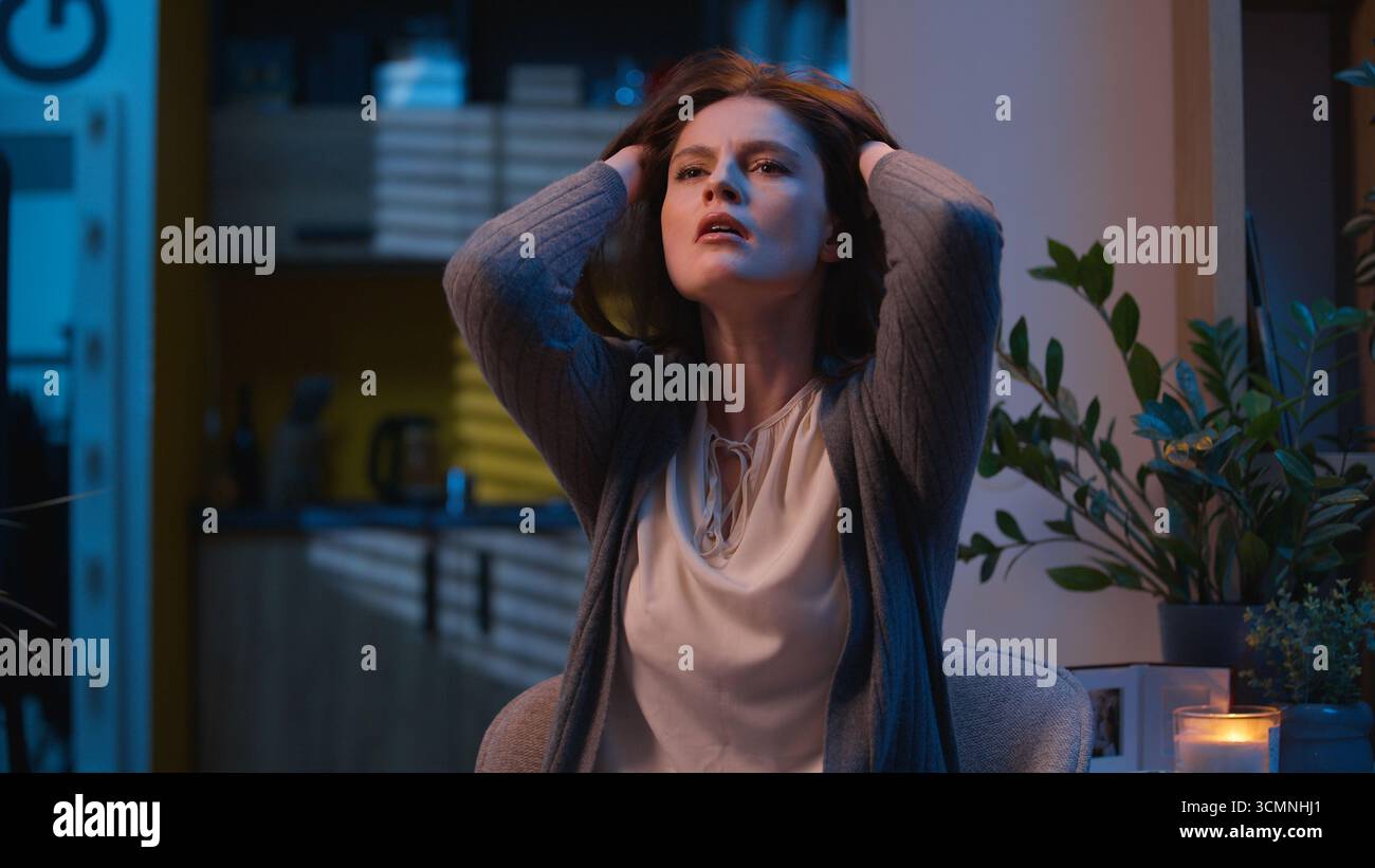 Irritated angry stressed woman Caucasian girl at home night screaming ...