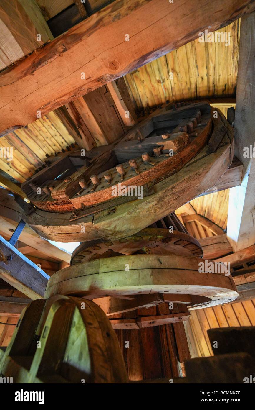 Wooden gears and machinery of an old windmill in the Angla Windmill ...