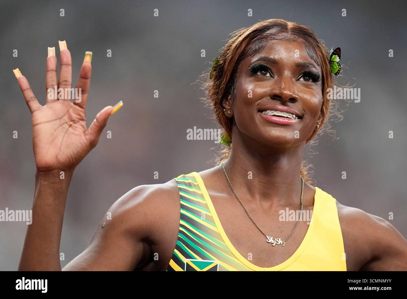 Jamaica's Shiann Salmon reacts during women's 400 meters hurdles ...