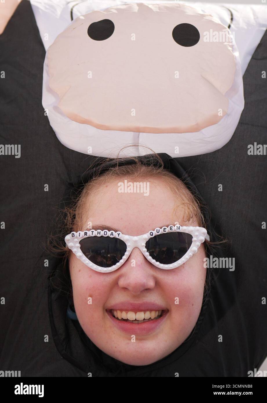 Molly Tunnicliffe from Dublin dressed as a cow during the National Ploughing Championships at ...