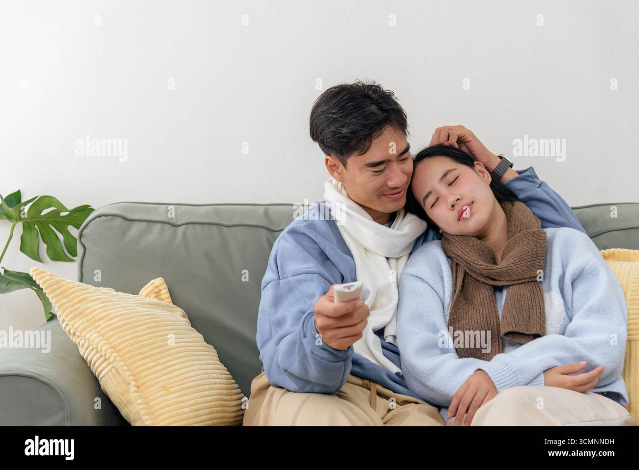 Winter day shows happy couple home, people relaxing indoor on sofa, enjoying quiet time together ...