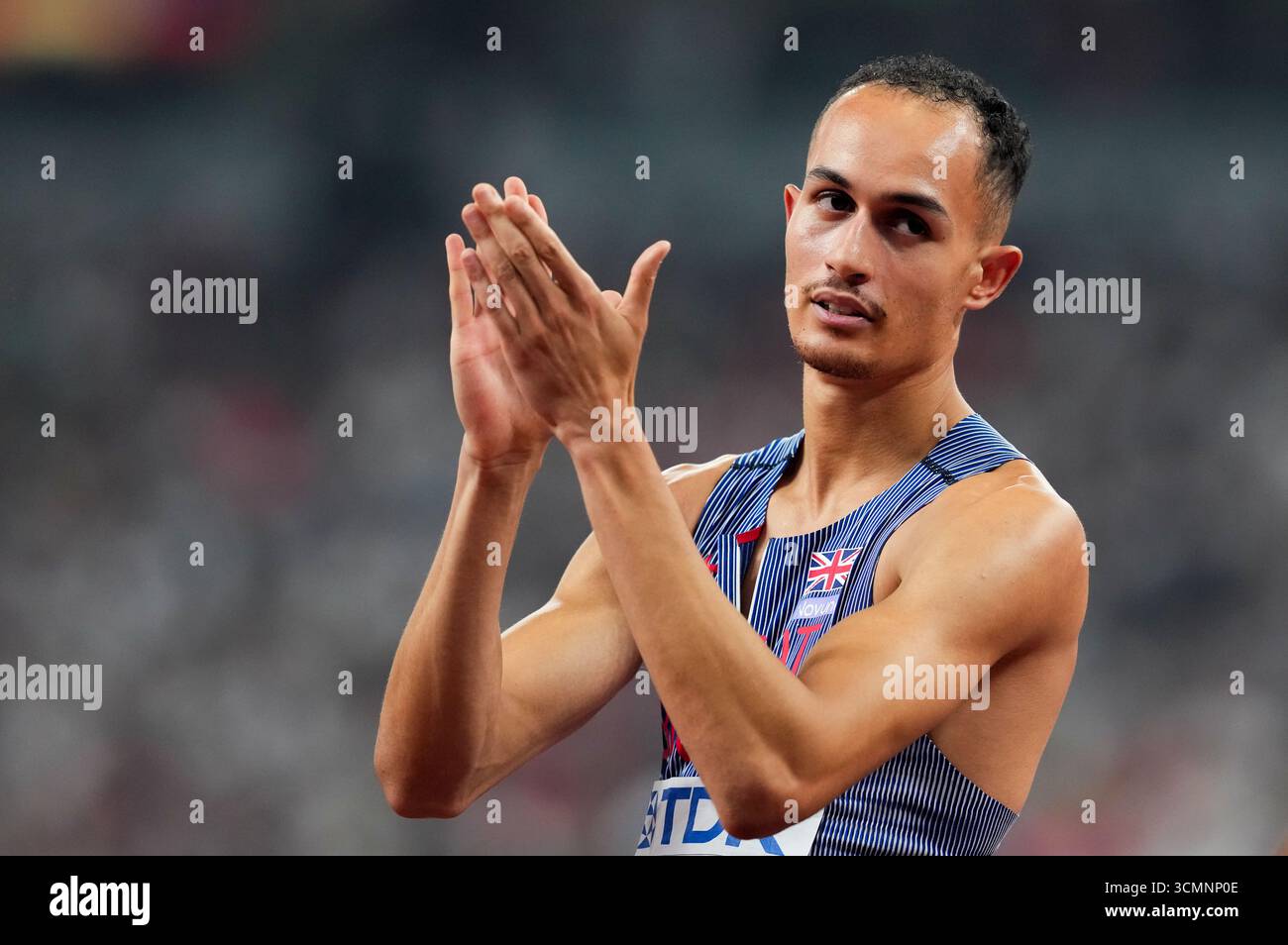 Tyri Donovan of Great Britain following the Men's 400m Hurdles Semi-Final Heat 1 on day five of ...