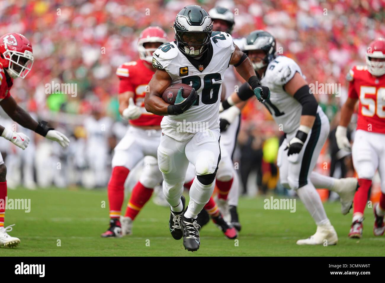 Philadelphia Eagles running back Saquon Barkley runs for a touchdown in the first half during an ...