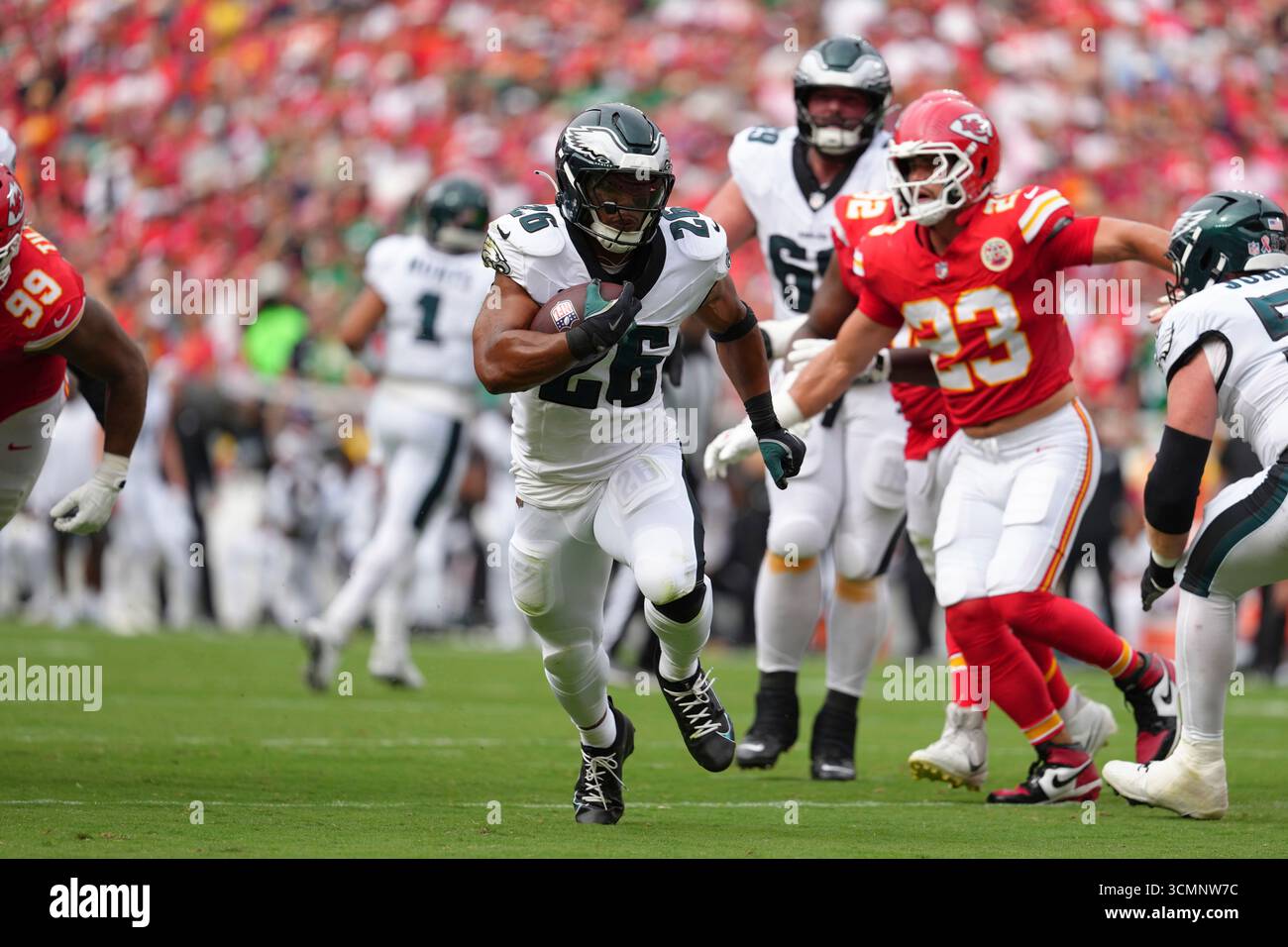 Philadelphia Eagles running back Saquon Barkley runs for a touchdown in the first half during an ...