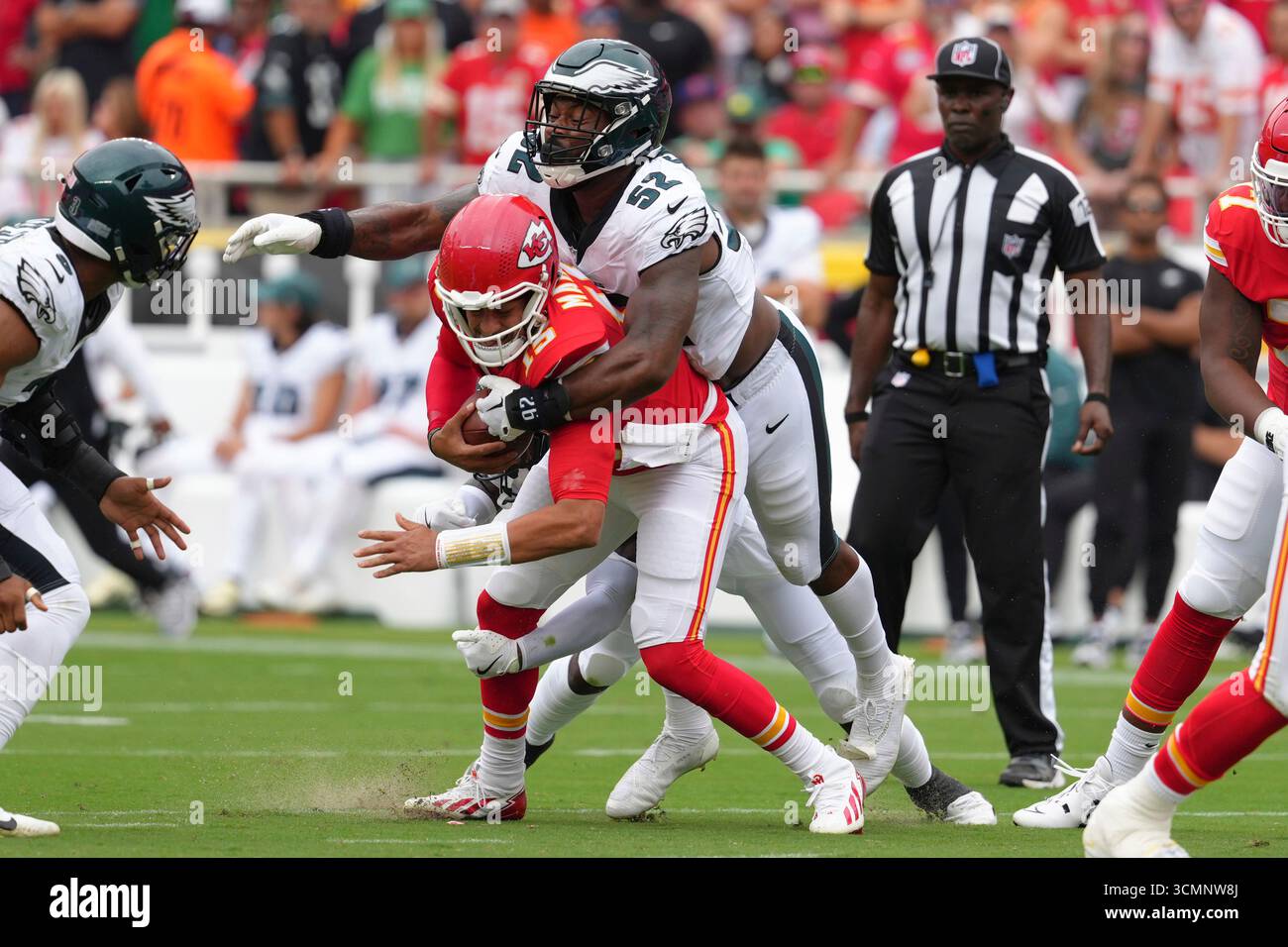 Kansas City Chiefs quarterback Patrick Mahomes (15) is sacked by ...