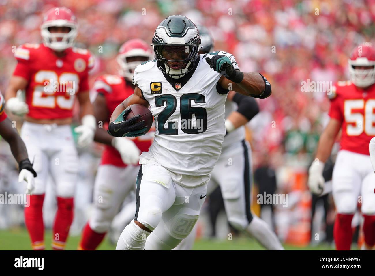 Philadelphia Eagles running back Saquon Barkley runs for a touchdown in the first half during an ...
