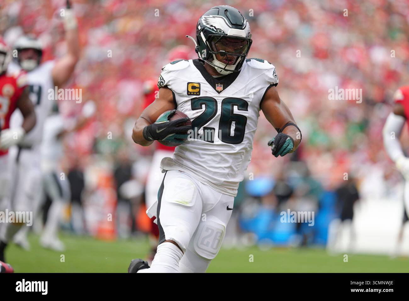 Philadelphia Eagles running back Saquon Barkley runs for a touchdown in the first half during an ...