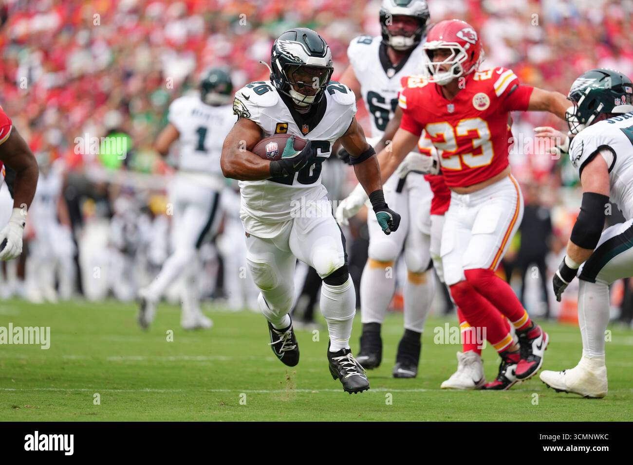 Philadelphia Eagles running back Saquon Barkley runs for a touchdown in the first half during an ...
