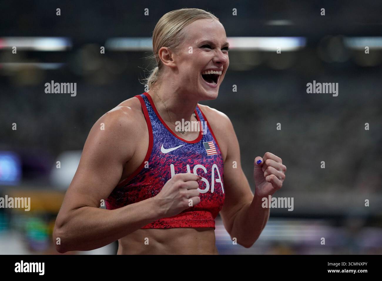 United States' Katie Moon reacts after an attempt in the women's pole ...