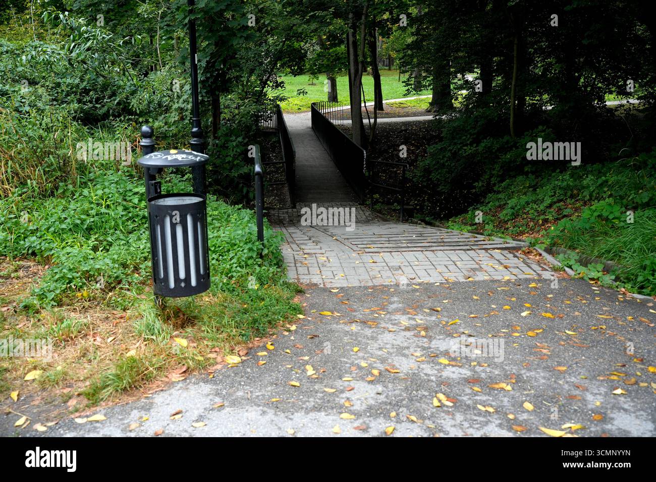 Park staircase with trash bin and pedestrian bridge Stock Photo - Alamy