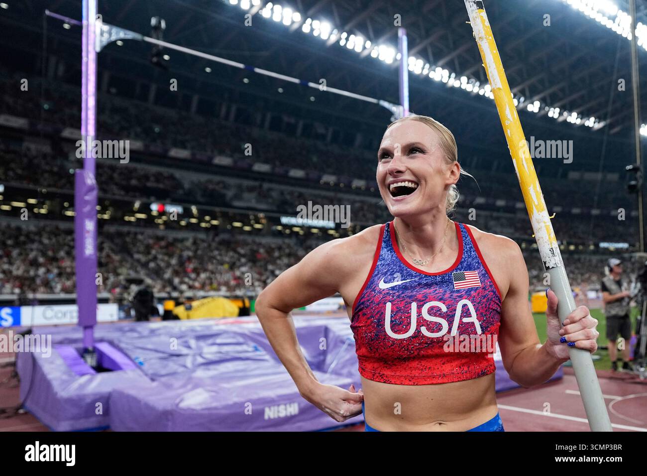 United States' Katie Moon reacts after winning the women's pole vault ...