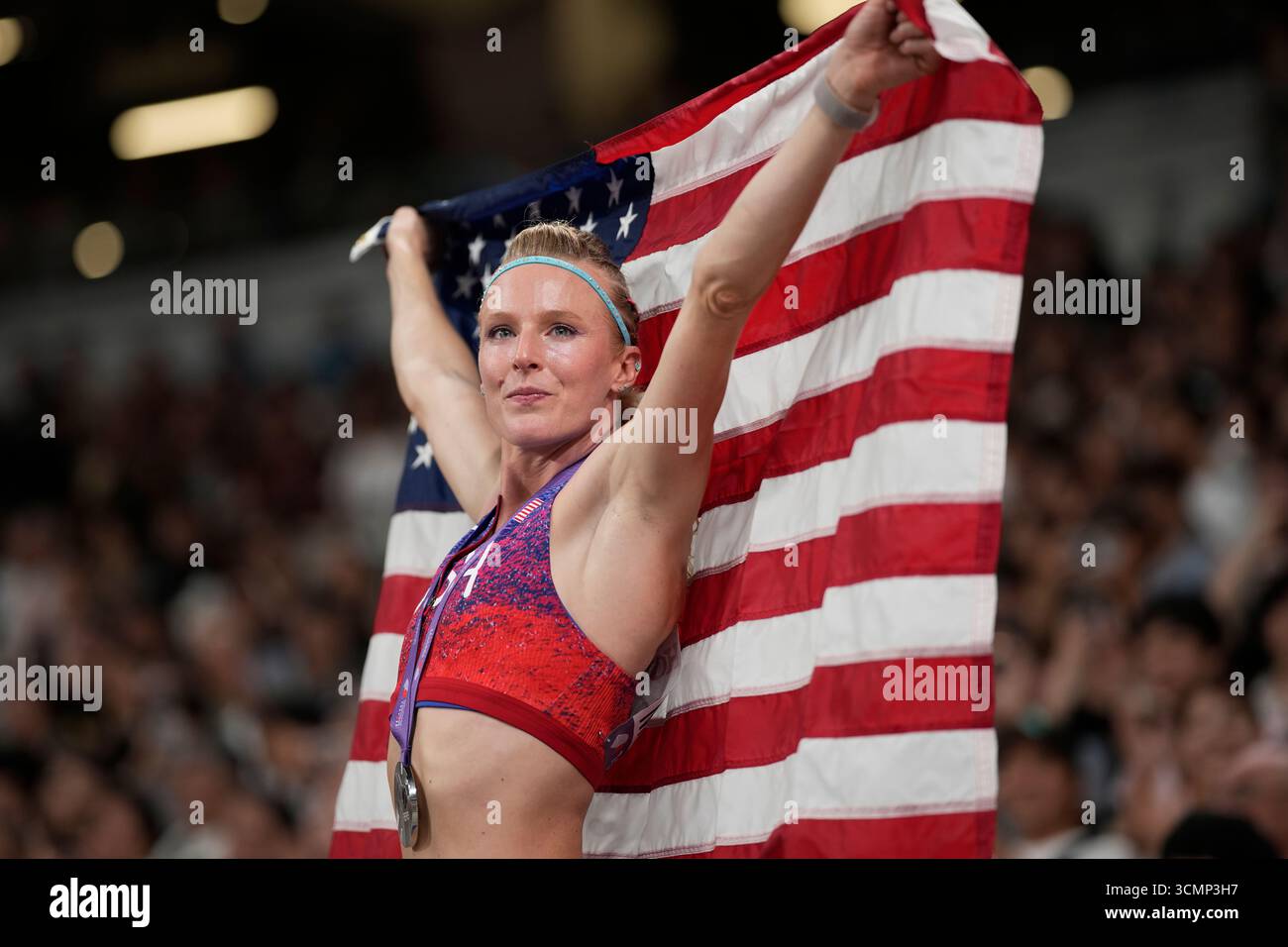 United States' Sandi Morris silver medalist celebrates after the women ...
