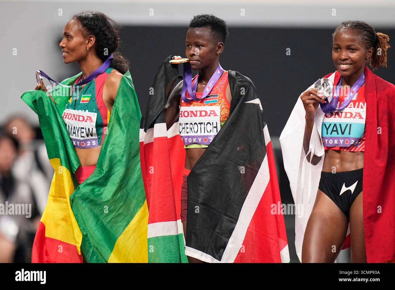 Gold medalist Kenya's Faith Cherotich, center, silver medalist Bahrain ...