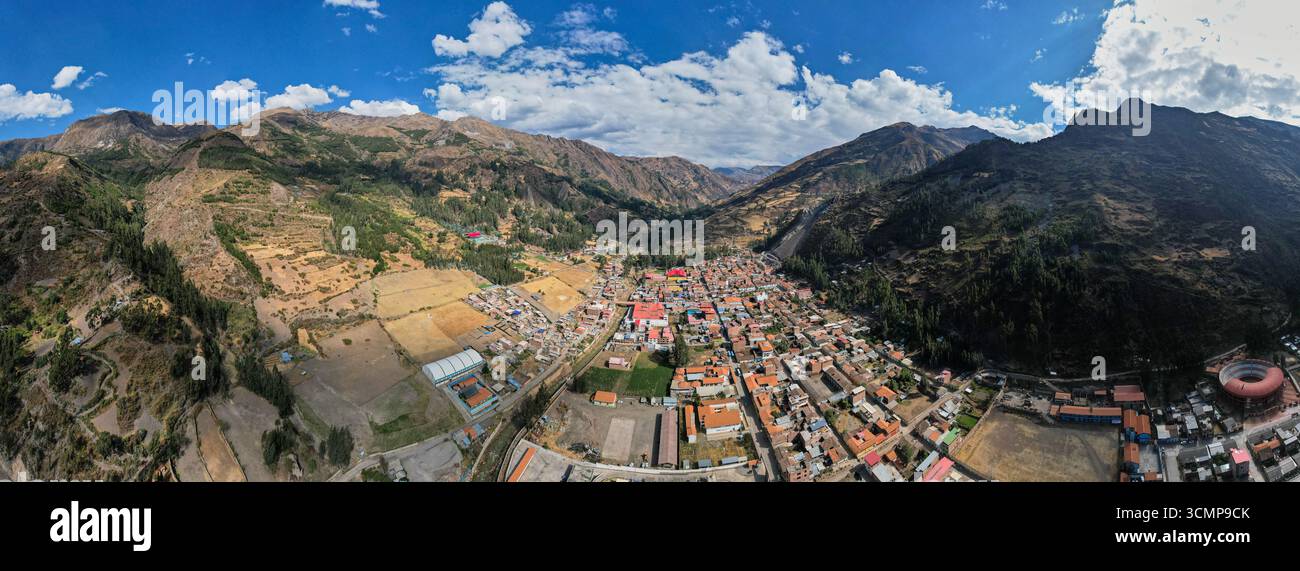 Aerial view of the town of Chavin de Huantar, Ancash. Peru. 360 view ...
