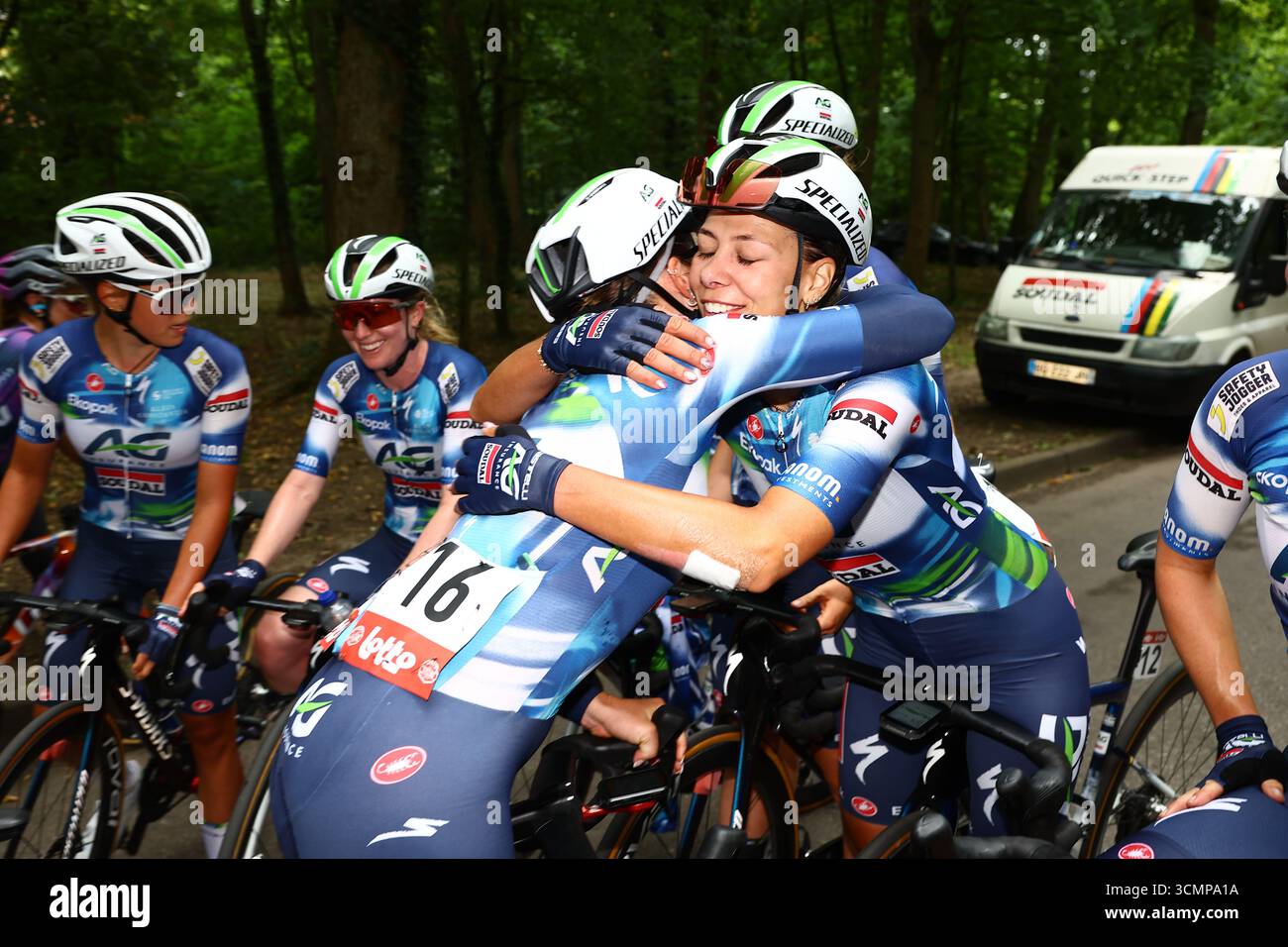 Belgian Shari Bossuyt celebrates with a teammate after winning the one ...