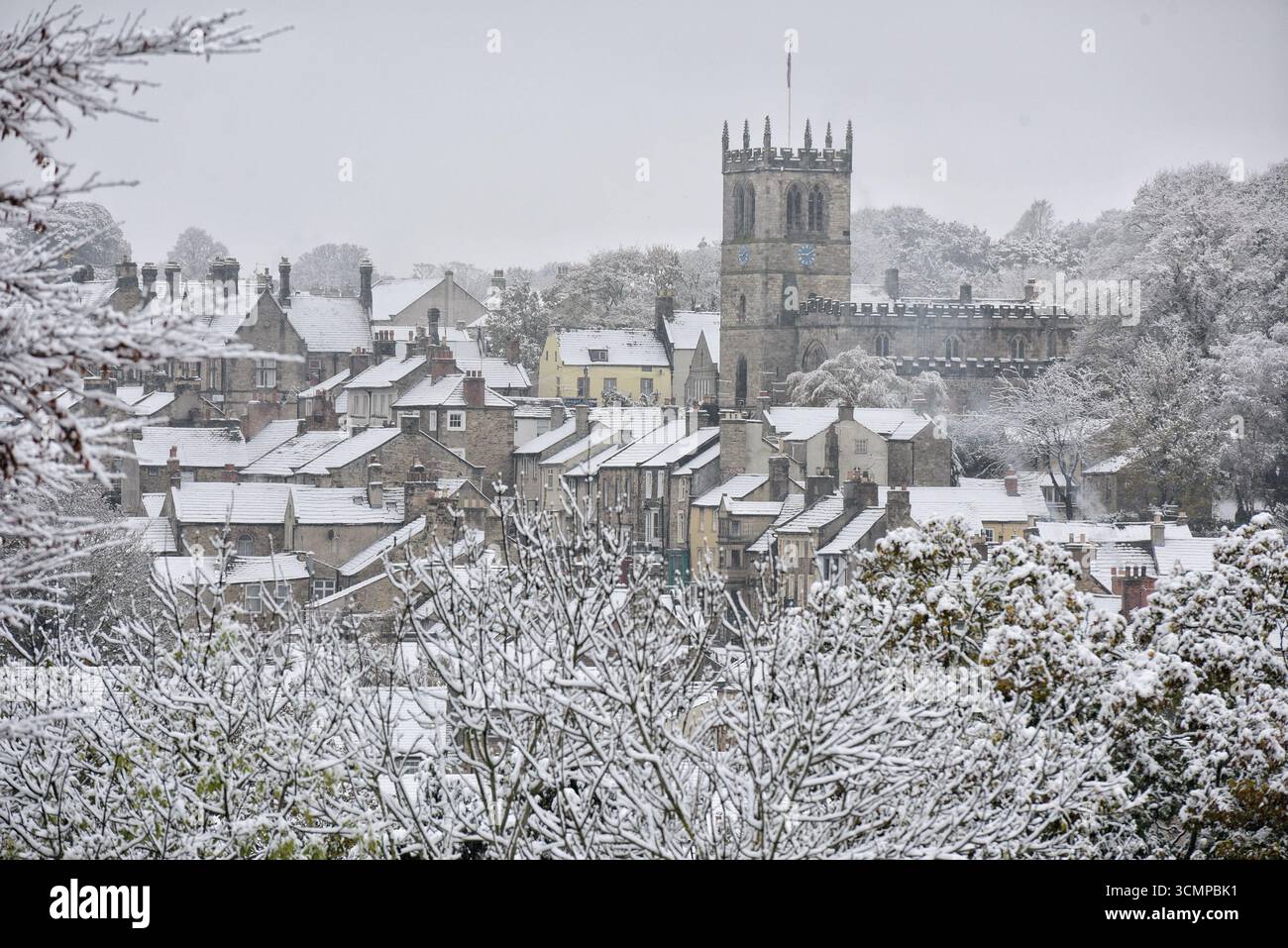 The tower of St. Mary's Church in Barnard Castle, County Durham rises ...