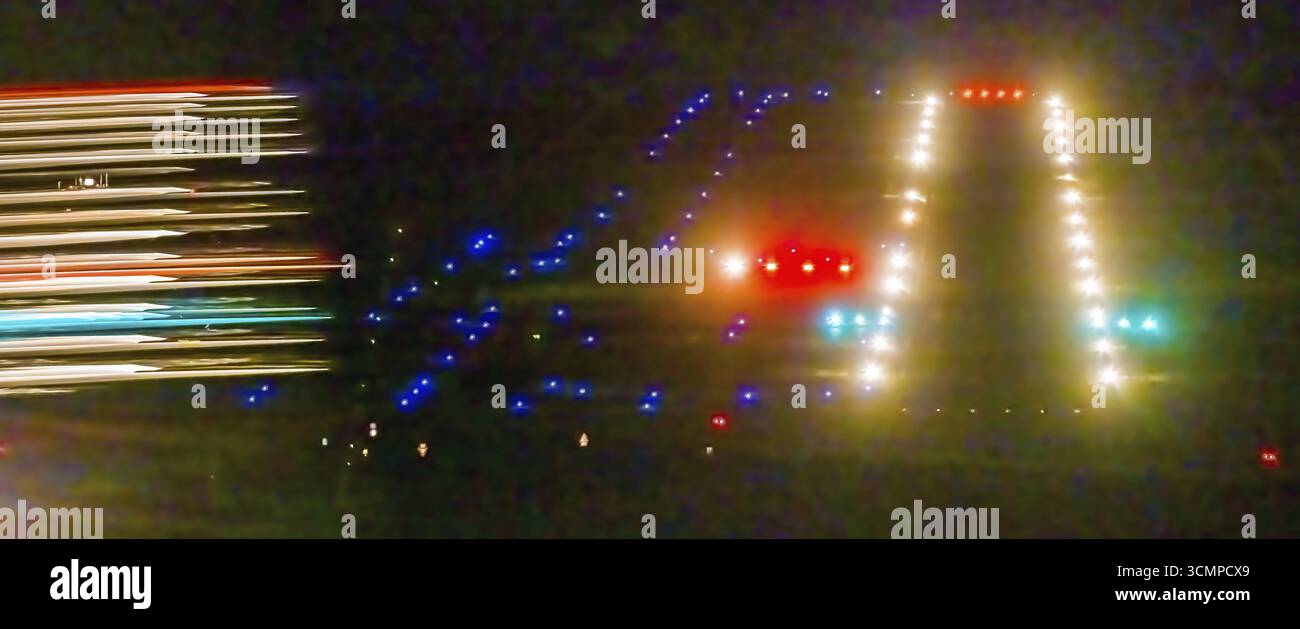 Aerial photo, Marl Loemuehle airfield, night approach to the runway ...
