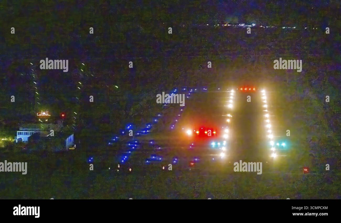 Aerial photo, Marl Loemuehle airfield, night approach to the runway ...