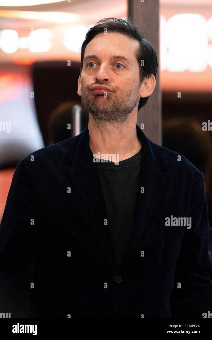 Tobey Maguire poses upon arrival at the premiere of the film 'One ...