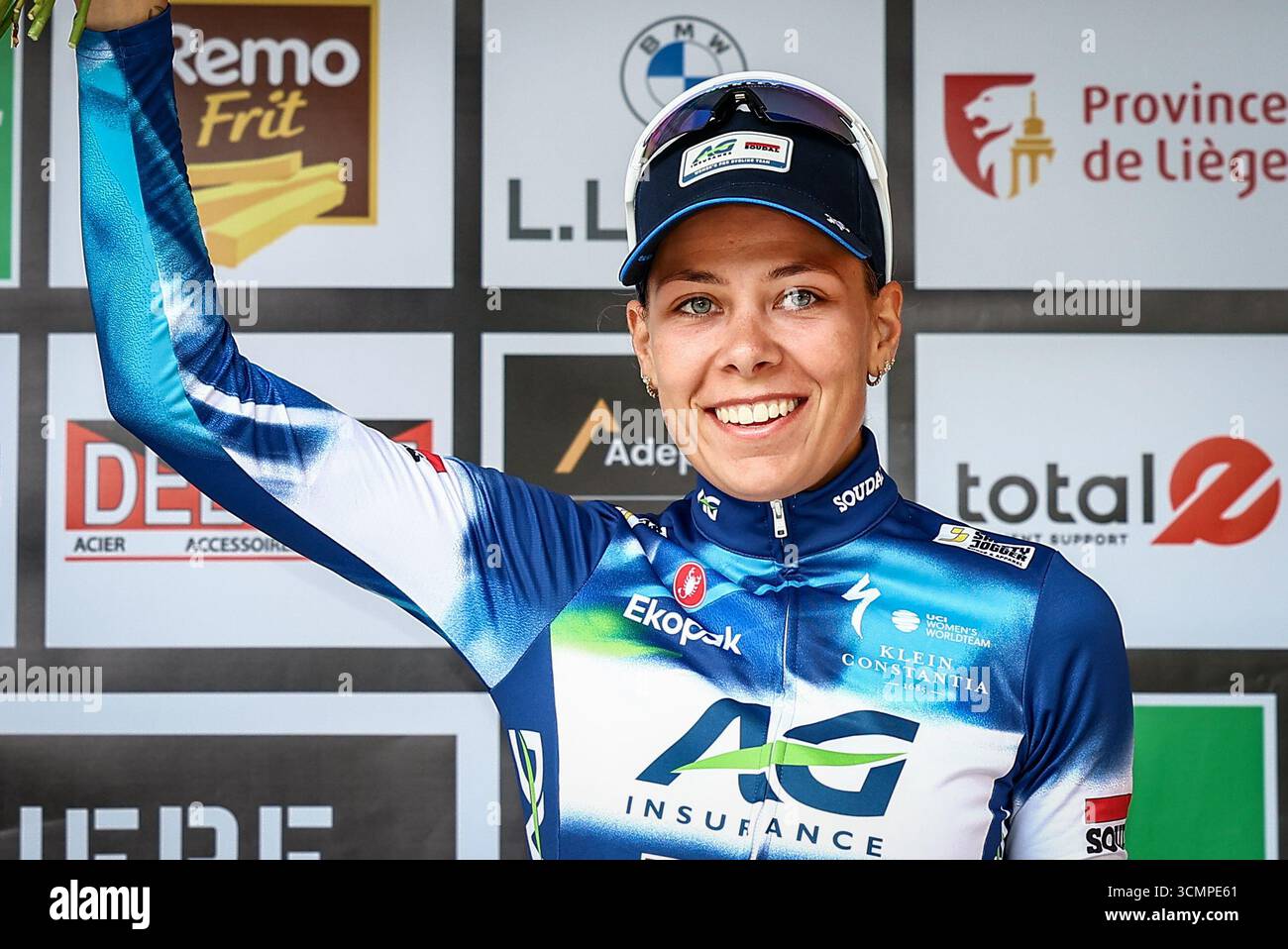 Belgian Shari Bossuyt celebrates on the podium after winning the one ...