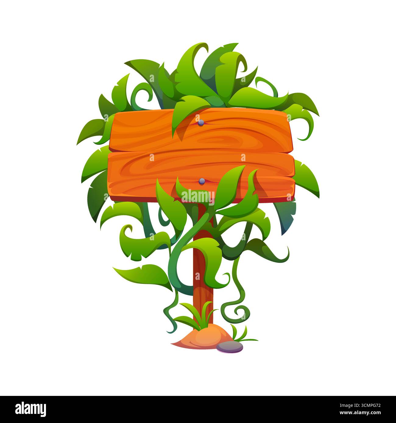Cartoon wooden sign board decorated tropical jungle leaves and lianas ...