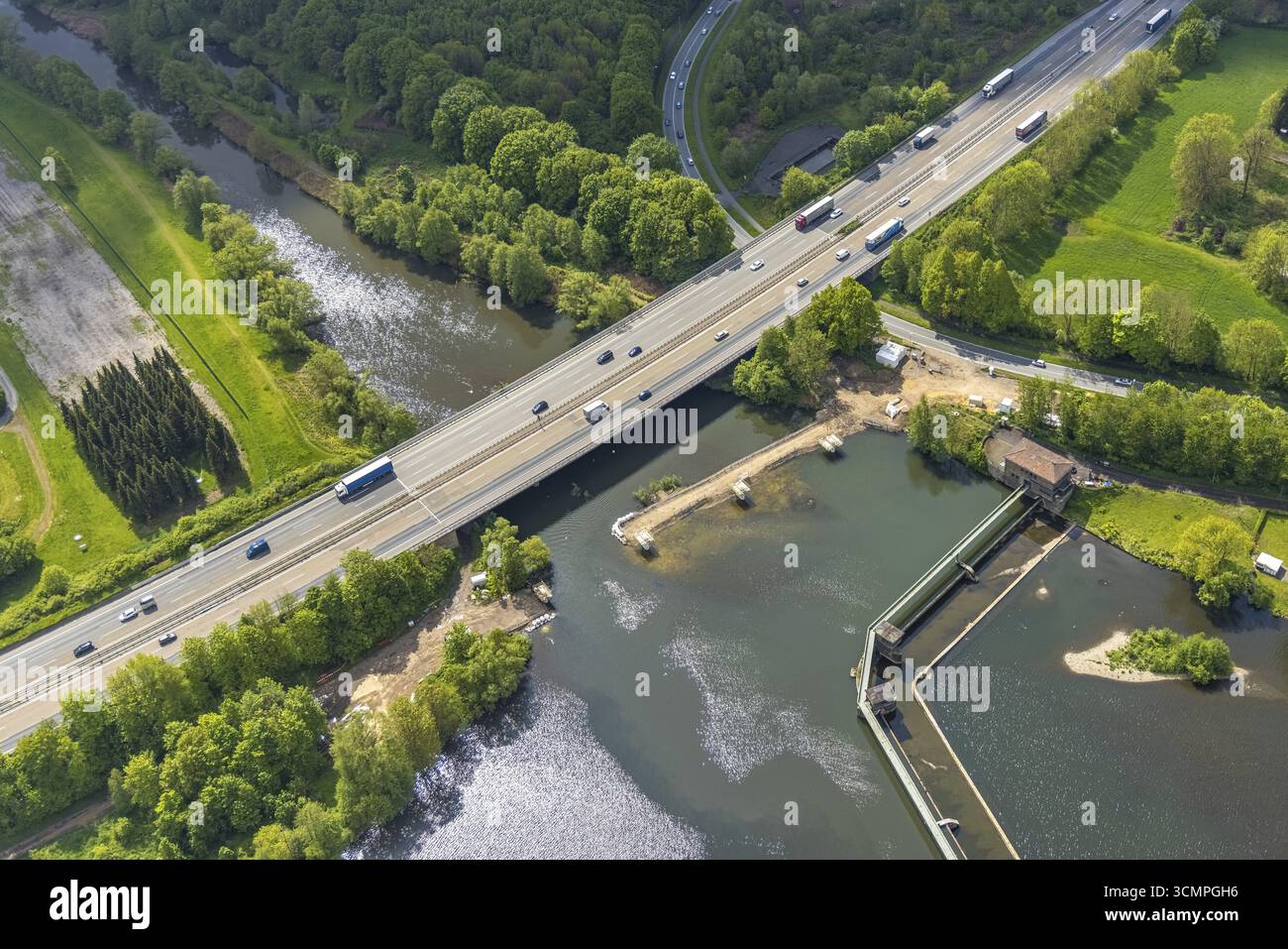 Aerial view, bridge of the A1 motorway over the Volme at the ...