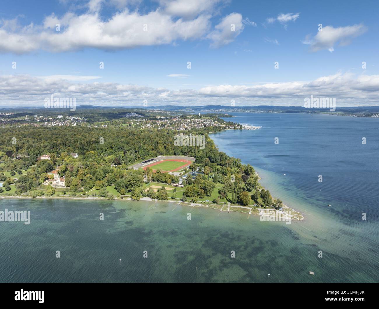 Aerial view of Lake Constance with Strandbad Horn, Bodenseestadion and ...