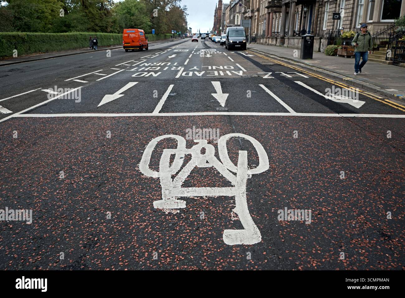 Bicycle priority road marking on Queen Street In Edinburgh, Scotland ...
