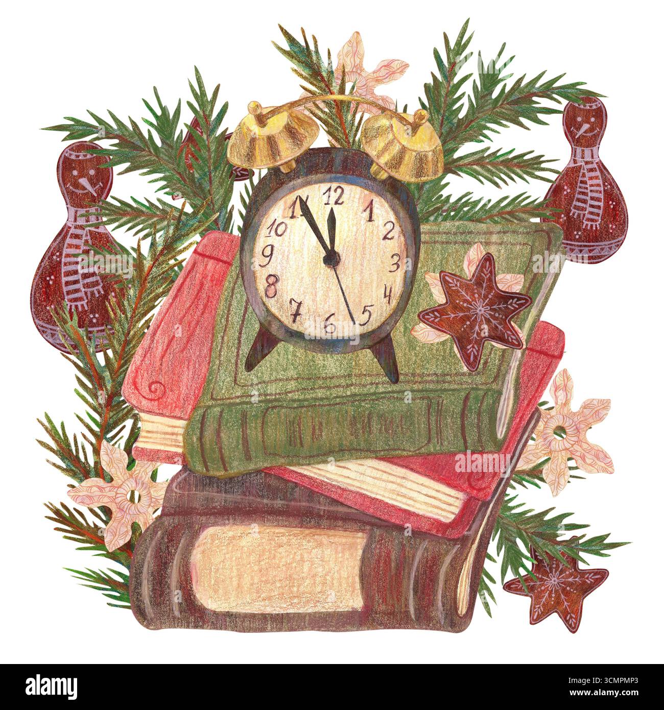 Retro alarm clock. Stack of various books. Spruce branches, Gingerbread ...