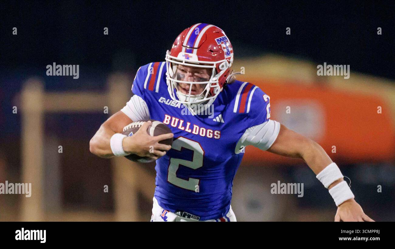 Louisiana Tech quarterback Trey Kukuk (2) hops during an NCAA football ...
