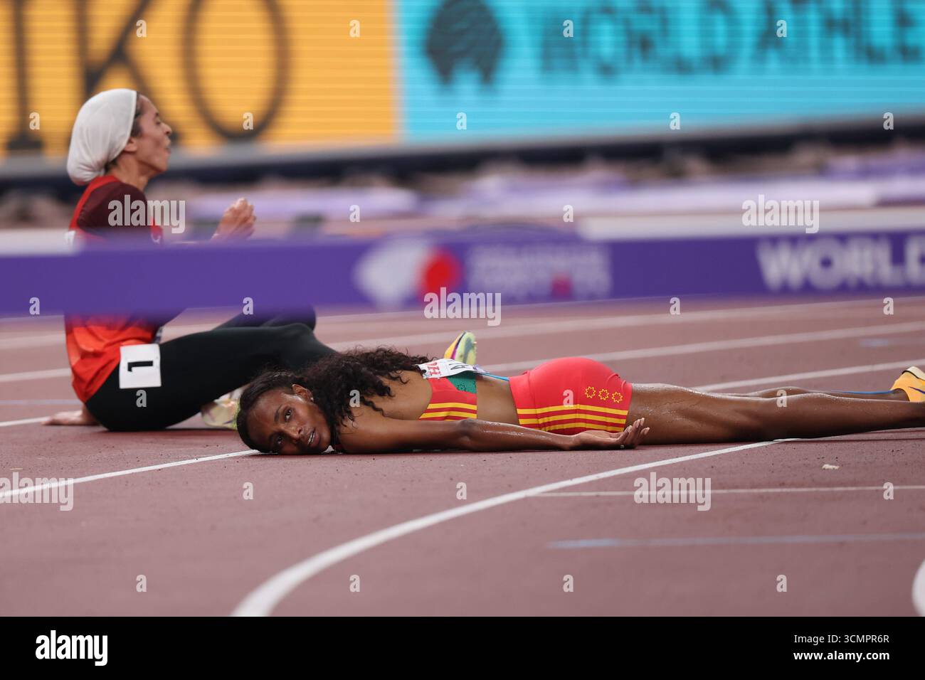 Lomi Muleta (ETH) on the floor after the Women's 3000m Steeplechase ...