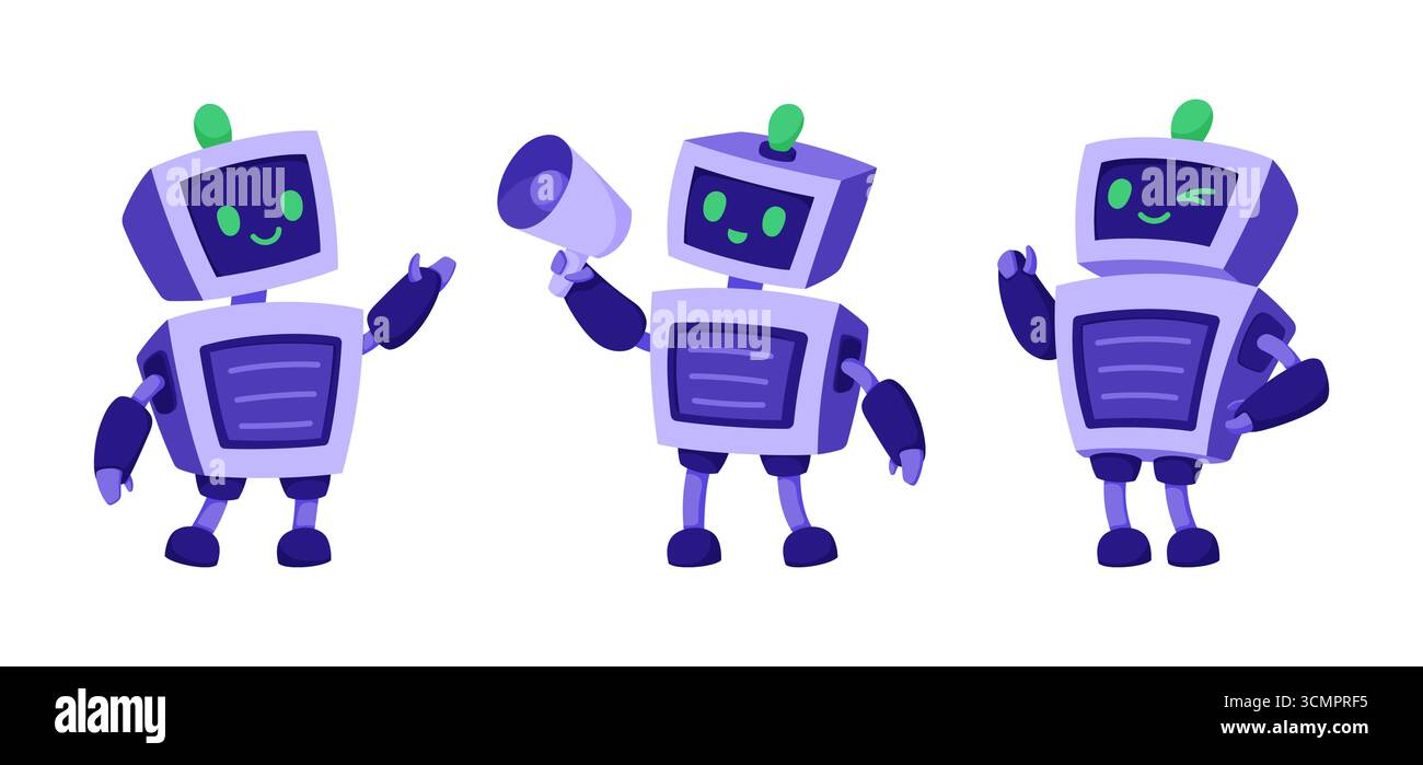 Set of adorable AI robot characters in different poses. Friendly ...