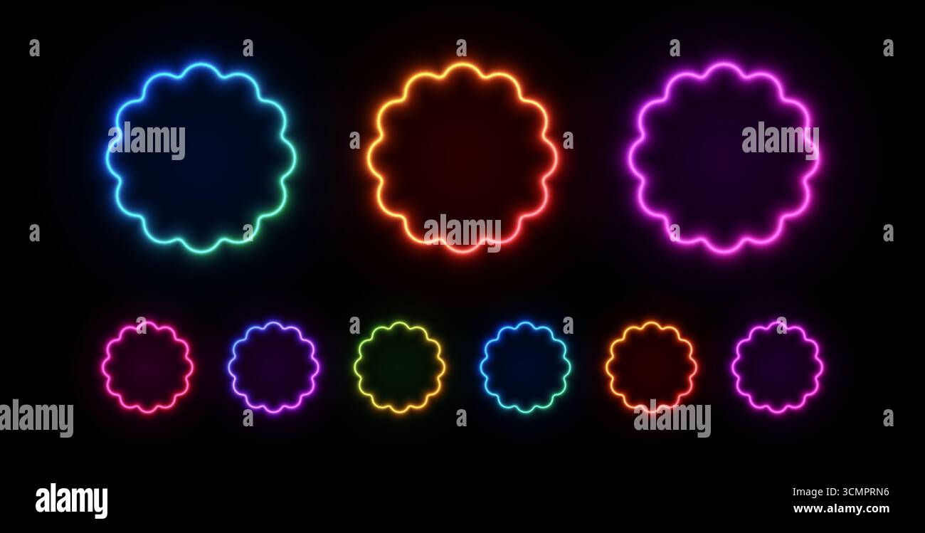 Circle neon light wavy frame. Round scallop border stickers with led ...