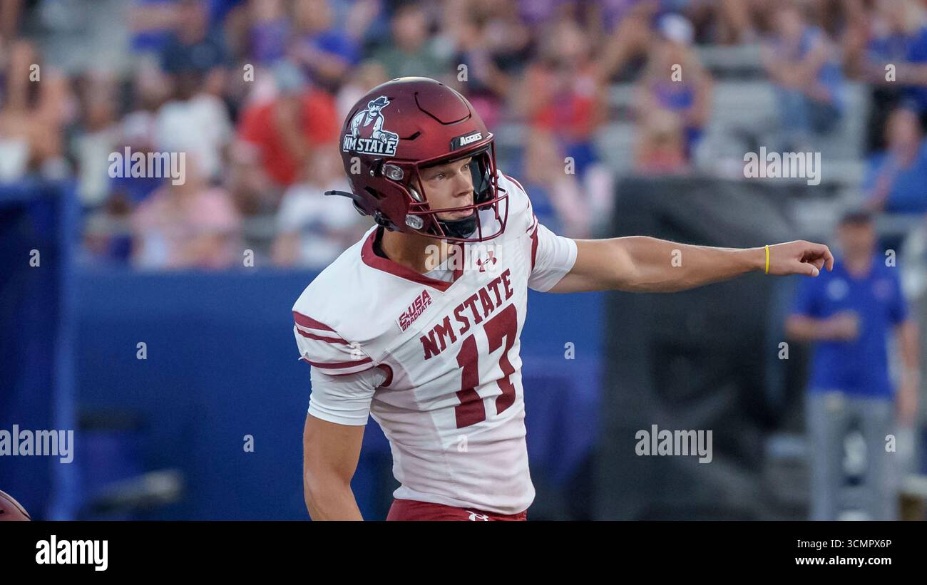 New Mexico State place kicker Ryan Hawk (17) kicks during an NCAA ...