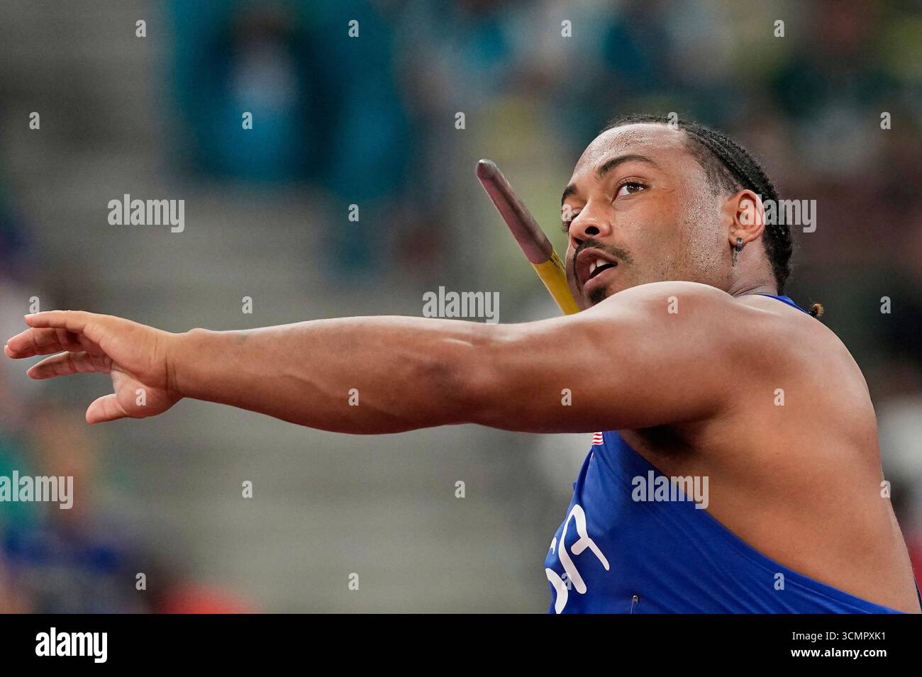 United States' Curtis Thompson makes an attempt in the men's javelin ...